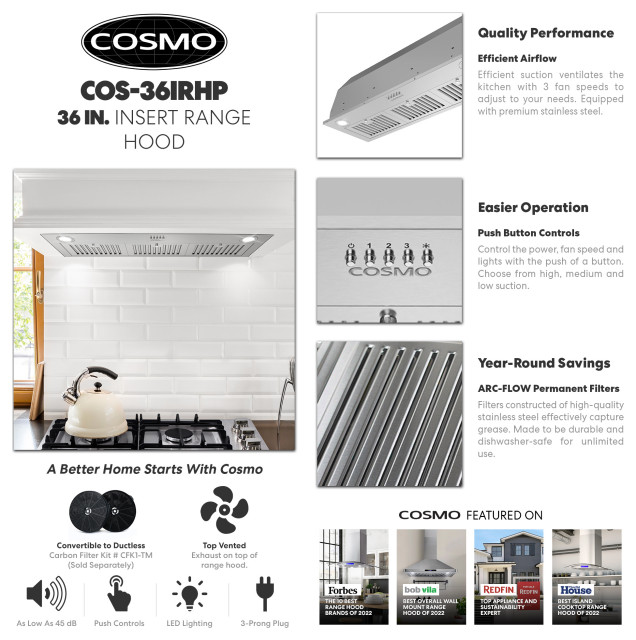 Cosmo 36" Insert Range Hood With Push Button Controls, Stainless Steel ...