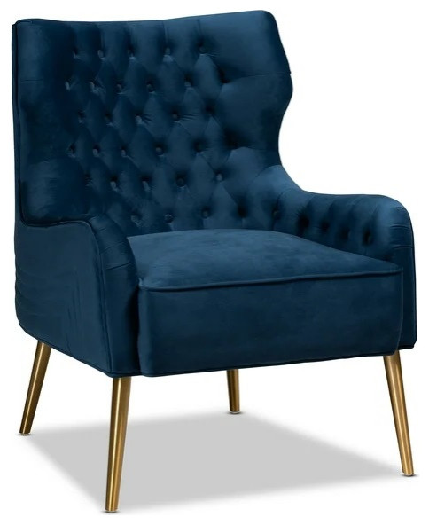 Navy Blue Velvet Wingback Chair with Gold Legs and Geometric Stitch ...