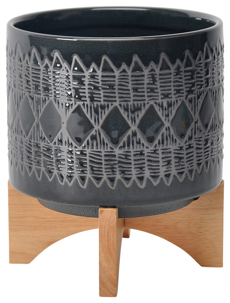 Ceramic 8" Aztec Planter On Wooden Stand, Black - Scandinavian - Indoor ...