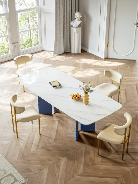 Modern Snow-White Slate Table Top Dining Table With Blue Pedestal ...