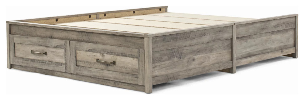 Farmhouse Queen Platform Bed, Wooden Slats & 2 Foot Drawers, Rustic ...