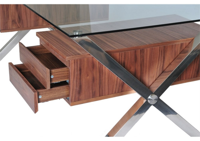 Pangea Home Beverly Large Modern Tempered Glass & Wood Veneer Desk in ...