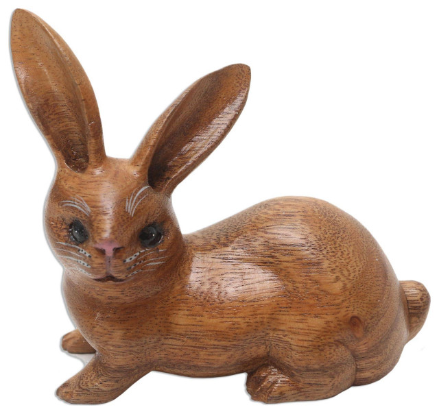 Novica Handmade Wise Rabbit In Brown Wood Figurine - Farmhouse ...