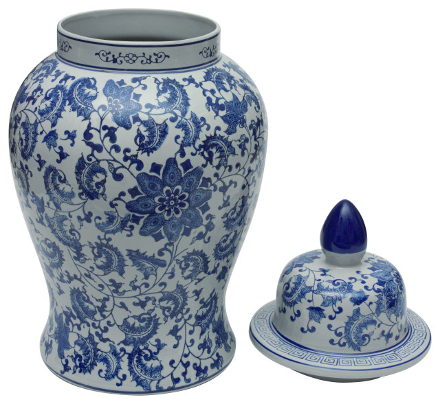 24" Floral Blue and White Porcelain Temple Jar - Asian - Decorative ...