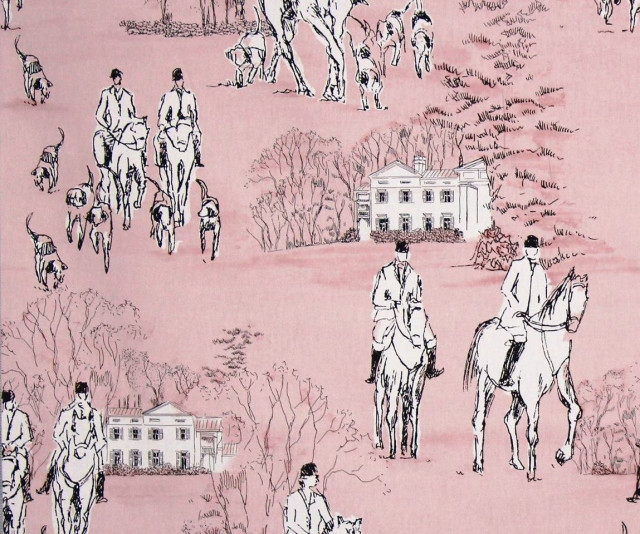 Pink equestrian toile fabric horse hunt, Sample Cut - Farmhouse ...