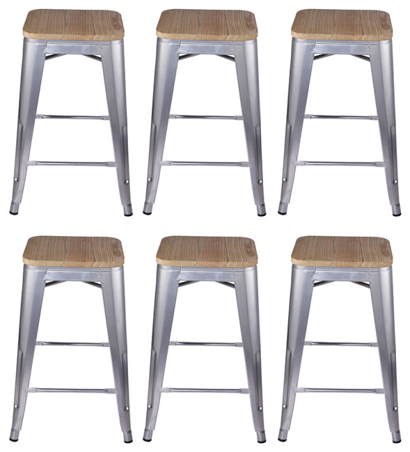 Silver Metal Bar Stools, Light Wooden Seat, Set of 6 - Industrial - Bar ...