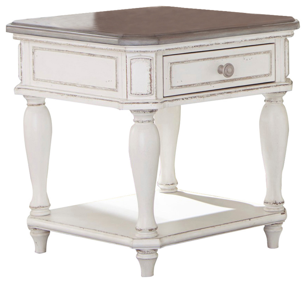 Cottage End Table with Open Shelf and Turned Legs, Antique White and ...