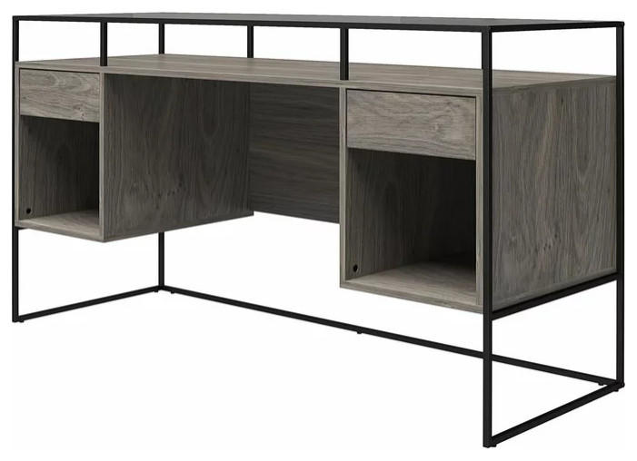Modern Desk, Metal Frame With Glass Table Top & Open Comparments ...