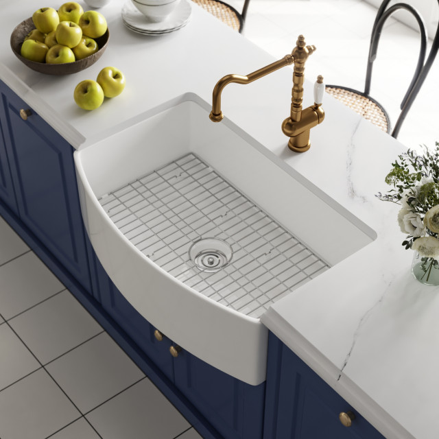 33" x 21" Farmhouse Ceramic Rectangular Kitchen Sink with Sink Grid and ...