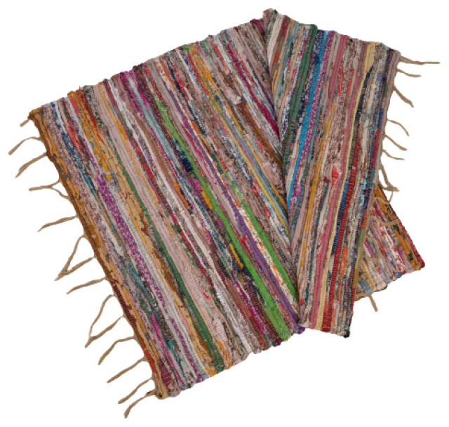 HomeRoots 2' x 3' Rainbow Colors Jute Rag Fringe Scatter Rug ...