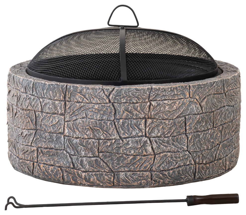 Sunjoy Stone 26" Round Wood-burning Firepit for Outside - Rustic - Fire ...