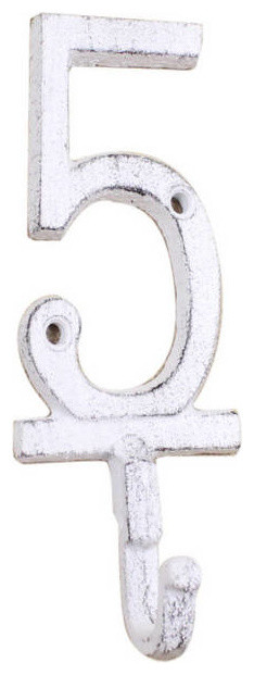 Whitewashed Cast Iron Number 5 Wall Hook 6'' - Farmhouse - Wall Hooks ...