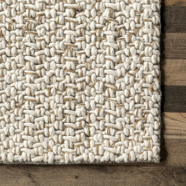 Ivory Wool Blend Farmhouse Area Rug, Rectangular, Flatweave Design, 6 ...