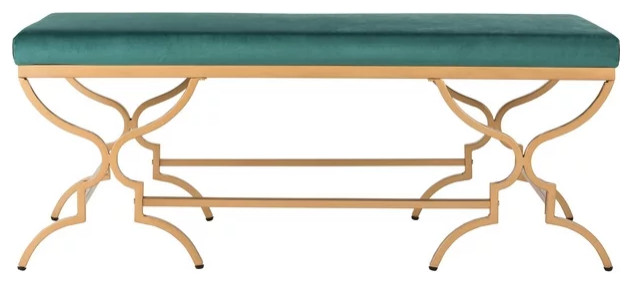 Glam Emerald Velvet Bench with Gold Geometric Base and Cushioned Seat ...
