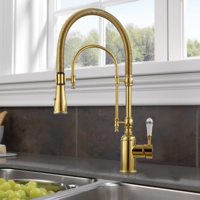 High Arc Dual-Mode Pull-Down Kitchen Faucet Solid Brass With Porcelain ...
