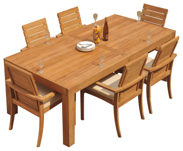 7-Piece Outdoor Teak Dining Set: 86" Rectangle Table, 6 Alps Stacking ...