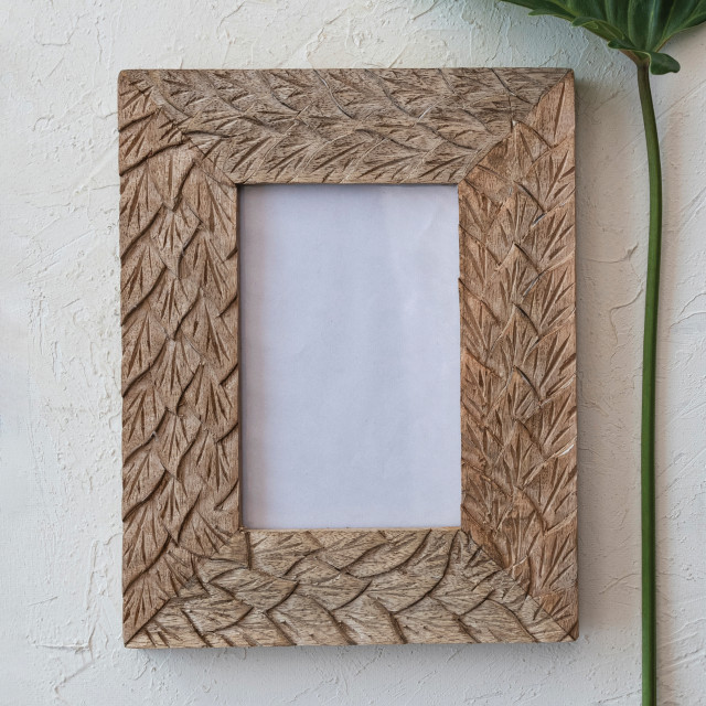 Boho Wood Photo Frame with Carved Feather Design, Natural - Farmhouse ...