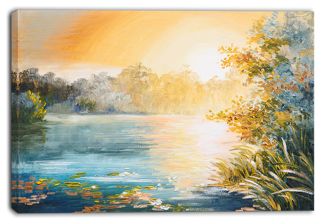Designart - Sunset on the Lake - Landscape Art Print Canvas, 40"x30 ...