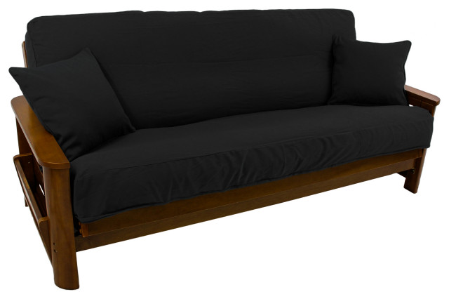 Solid Twill Full Futon Cover With Throw Pillows, 3-Piece Set, Black ...