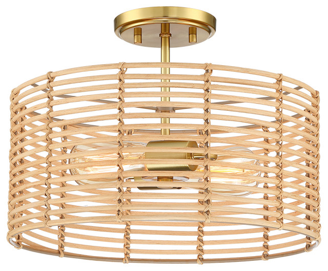 15.4"W 2-Light Bohemian Rattan Semi-Flush Mount Ceiling Light ...