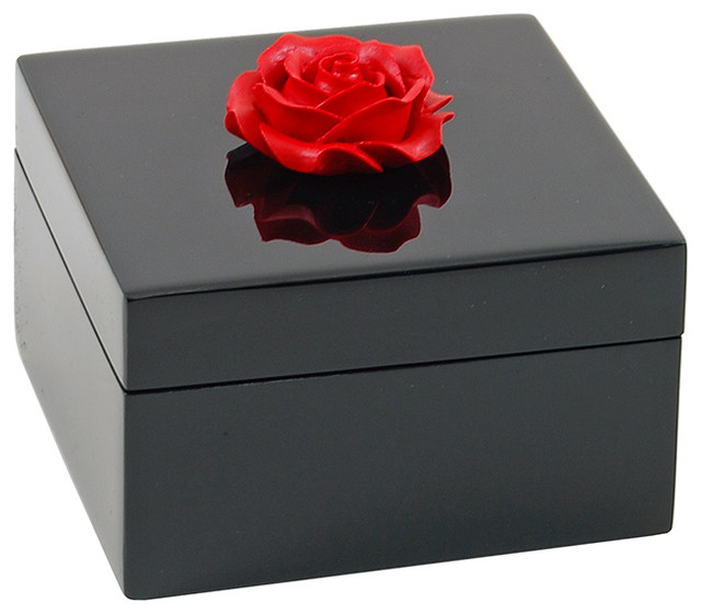 Lacquer Small Square Box, Red Rose Handle Black Box - Contemporary ...