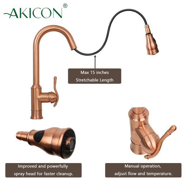 Copper Pull Down Kitchen Faucet, Single Level Solid Brass Kitchen Sink ...