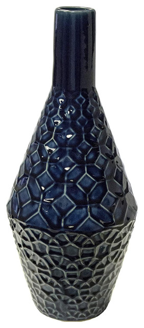 Ceramic Angled Bottle Vase With Embossed Geometric Pattern, Blue ...