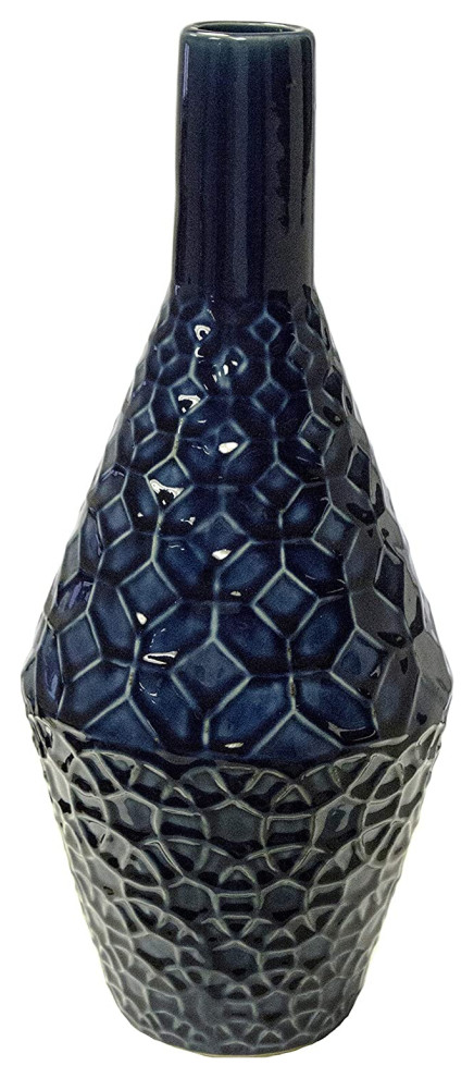 Ceramic Angled Bottle Vase With Embossed Geometric Pattern, Blue ...