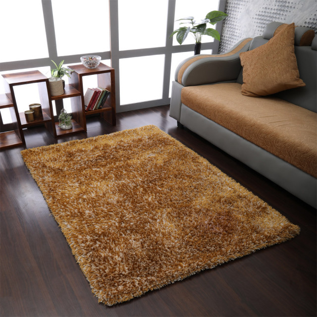 Hand Tufted Shag Polyester Area Rug Solid Gold, [Rectangle] 9'x12 ...