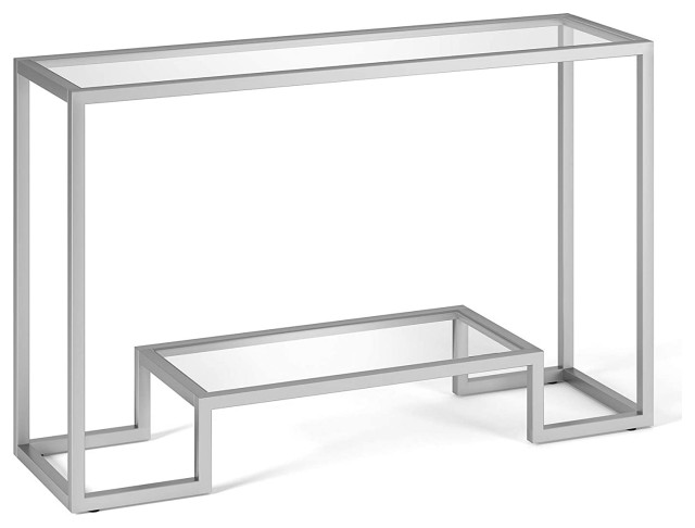Elegant Glam Console Table, Geometric Base With Glass Top and Shelf ...