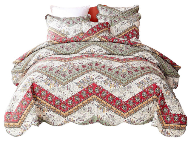 Rustic Bohemian Patchwork Cranberry Sage Chevron Floral Bedspread Set ...