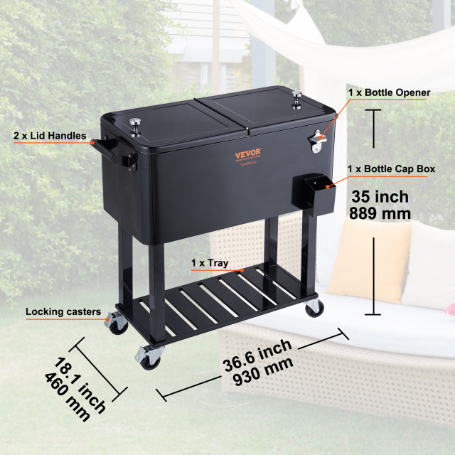 VEVOR 80Qt Rolling Cooler Cart w/Bottle Opener Drainage Patio Party Bar ...