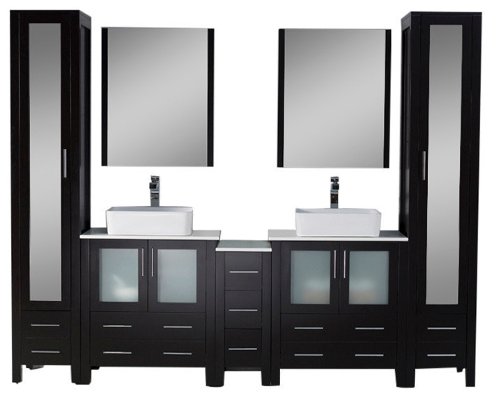 Sydney 102" Vanity Set With Vessel Sinks and Mirror Linen Cabinet, 633 ...