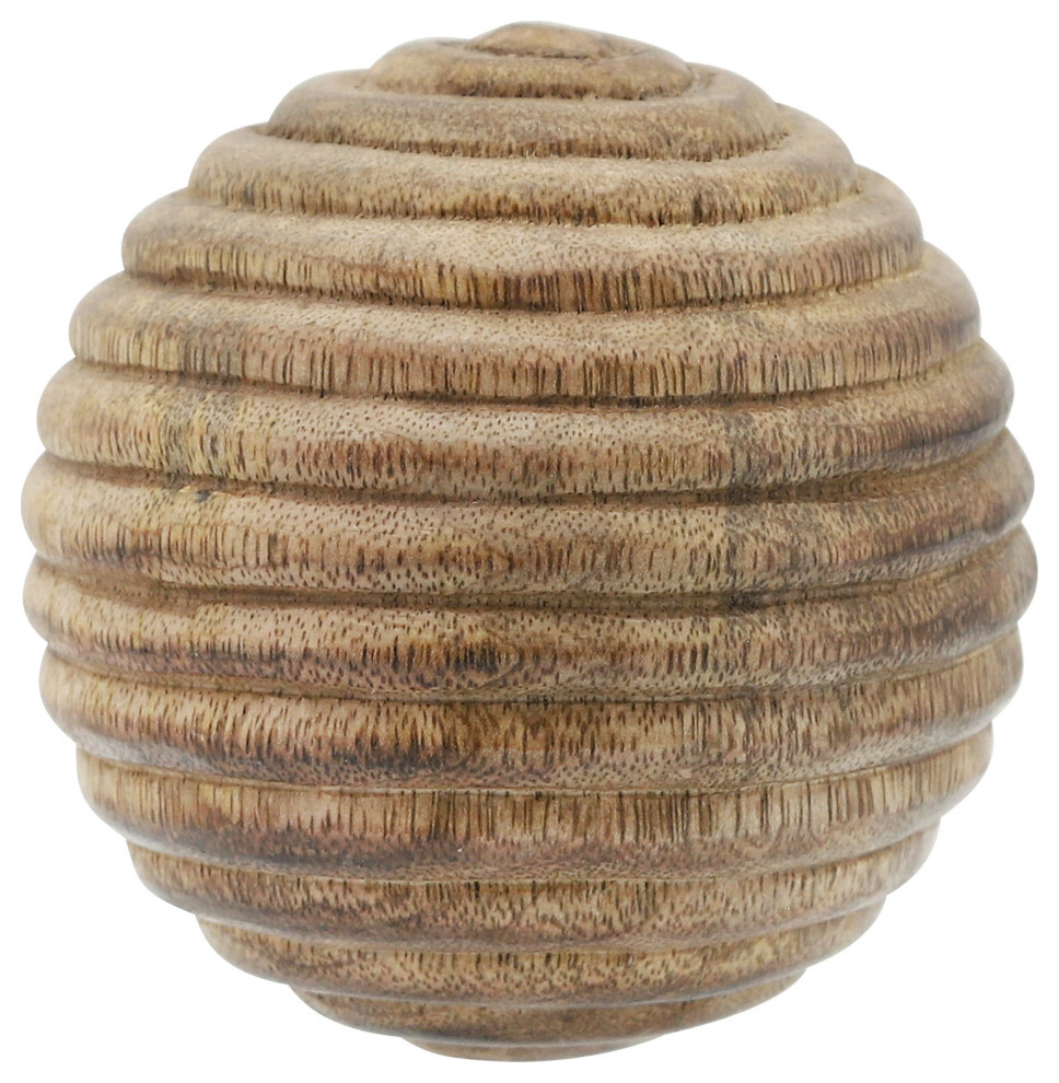 4" Wooden Orb With Ridges, Natural - Rustic - Decorative Objects And ...