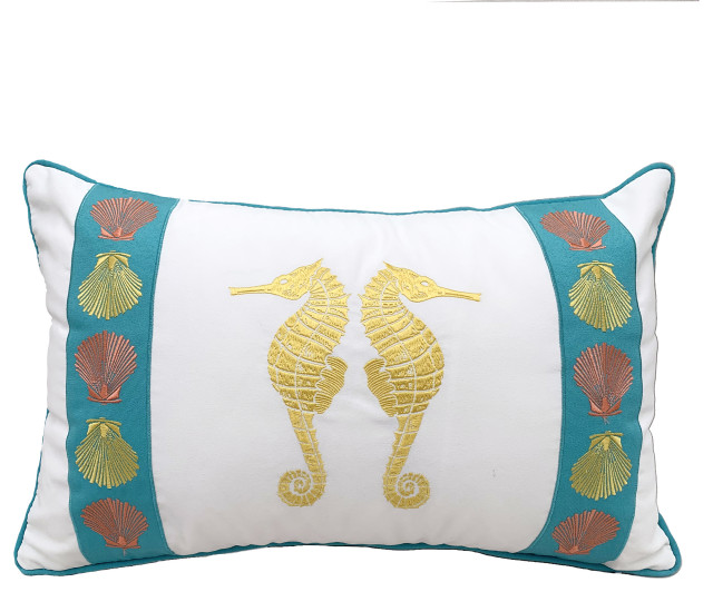 Seahorses and Scallops Embroidered Indoor/Outdoor Pillow - Beach Style ...