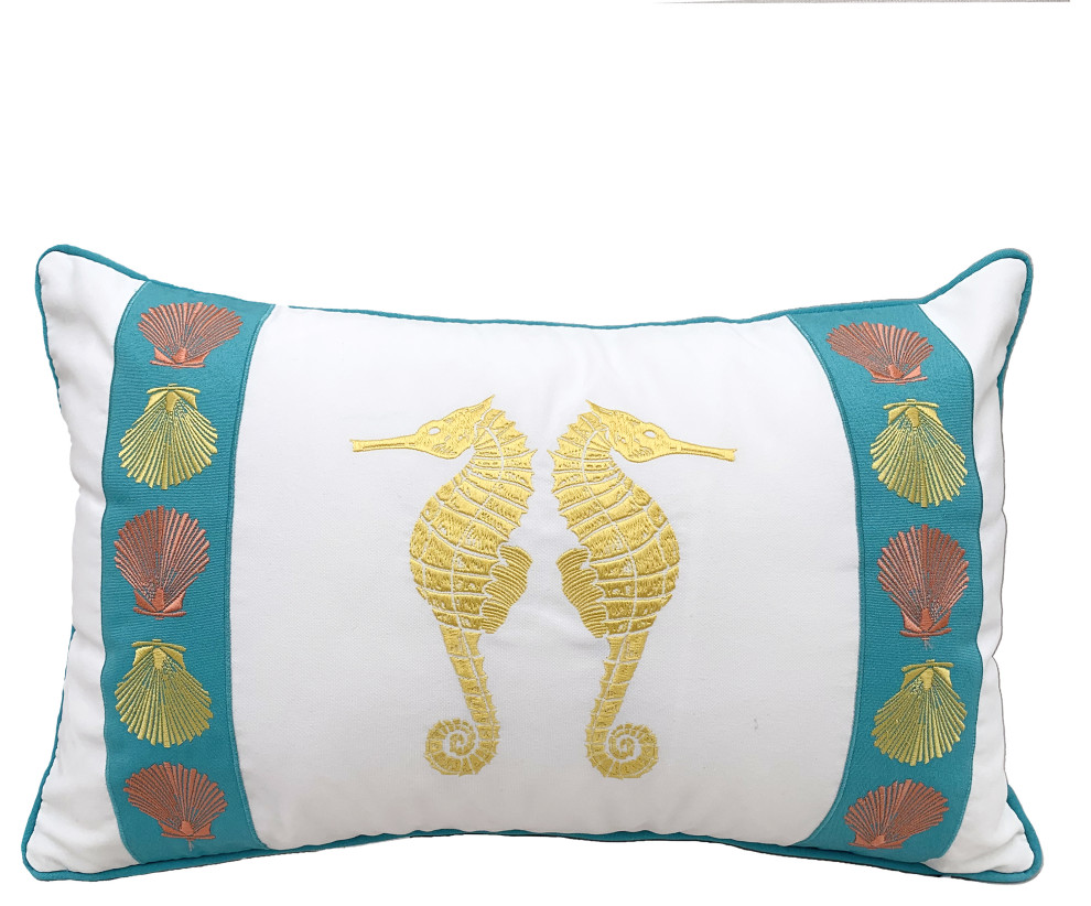 Seahorses and Scallops Embroidered Indoor/Outdoor Pillow - Beach Style ...