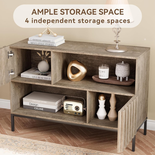 Farmhouse Console Table, Open Shelves & 3D Vertical Striped Cabinet ...