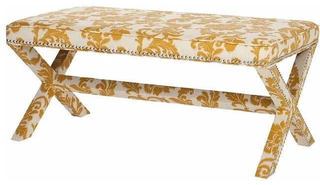 Unique Upholstered Bench with Crossed Legs and Leaf Pattern Upholstery ...