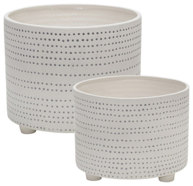 2-Piece Set Ceramic Footed Planter With Dots, Ivory - Transitional ...