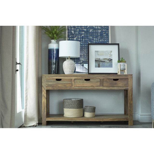 Rustic Console Table, Sheesham Wood Frame & Drawers With Cut Out Pulls ...