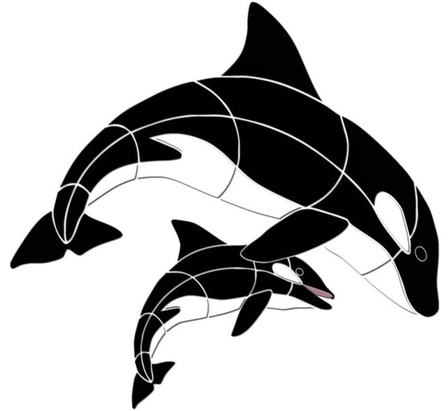 Orca & Baby Ceramic Swimming Pool Mosaic, 60"x57" - Beach Style ...