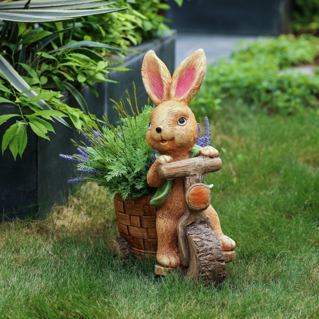 Brown Bunny Rabbit on a Bicycle MgO Planter - Eclectic - Outdoor Pots ...