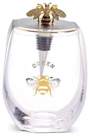 Two's Company Queen Bee Stemless Wine Glass w/ Jeweled Bee Wine Stopper ...