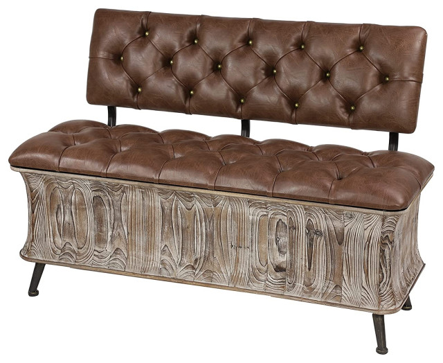 Rustic Storage Bench, Unique Design With Tufted Brown Faux Leather Seat ...