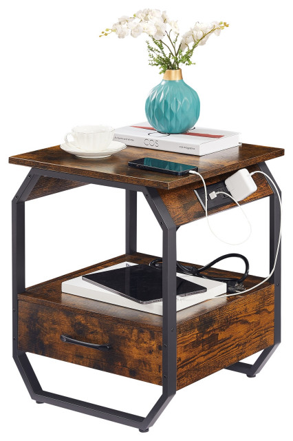 End table Side Table With Charging Station Sofa Side Table Rustic Brown ...