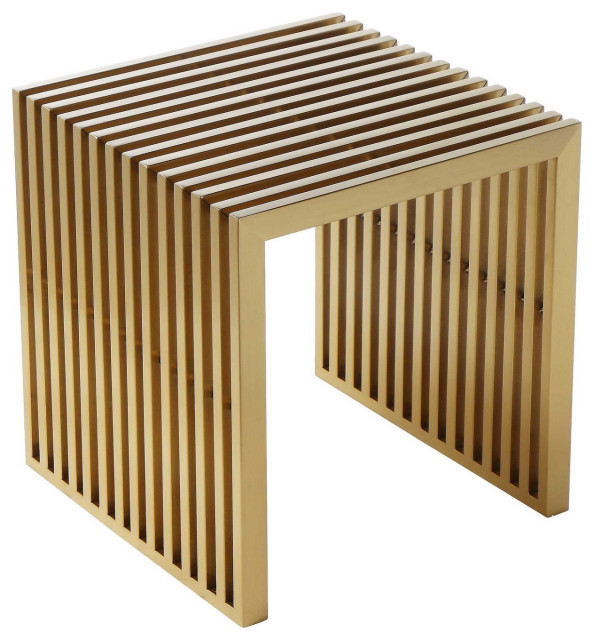 Niki 17" Accent Stool, Slatted Design, Square, Luxurious Brushed Gold ...