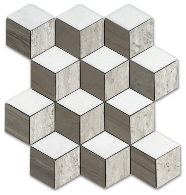 Athens Silver Cream Marble 3D Cube Diamond Geometry Hex Mosaic Tile, 1 ...