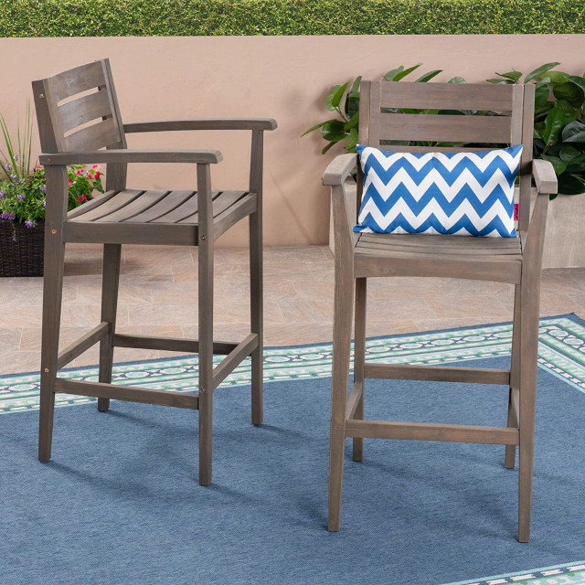 2 Pack Outdoor Bar Stool, Slatted Design With Tall Arms & Footrest ...