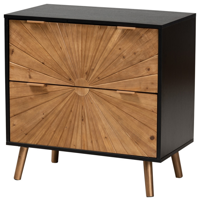Mid-Century Black and Natural Brown Finished Wood 2-Drawer Storage ...