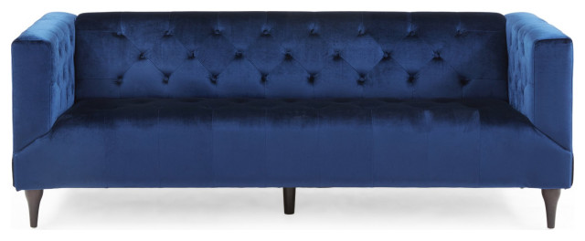 Contemporary Sofa, Midnight Blue Velvet Seat With Diamond Shaped Button ...